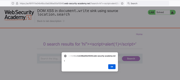 PortSwigger's "DOM XSS in document.write sink using source location.search" Walkthrough