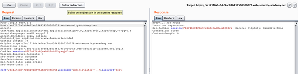 PortSwigger's "SQL injection vulnerability allowing login bypass ...