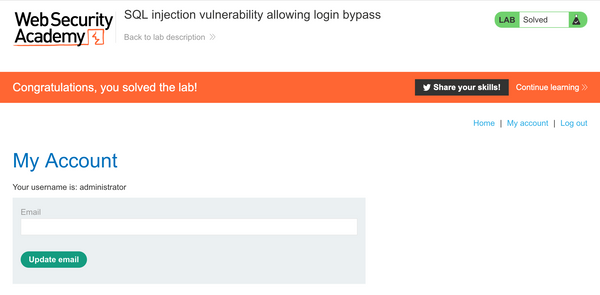 PortSwigger's "SQL injection vulnerability allowing login bypass ...