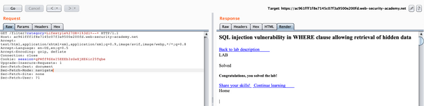 PortSwigger "SQL injection vulnerability in WHERE clause allowing ...