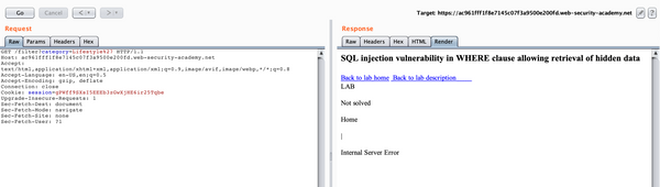 PortSwigger "SQL injection vulnerability in WHERE clause allowing retrieval of hidden data ...