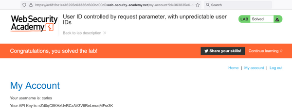 PortSwigger's "User ID controlled by request parameter, with unpredictable user IDs" Walkthrough