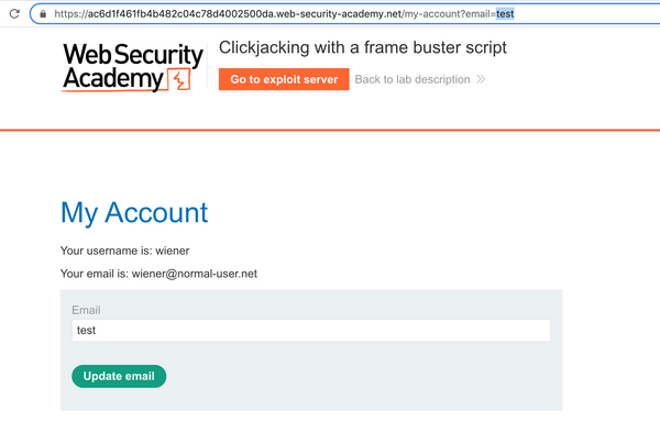 PortSwigger's "Clickjacking with a frame buster script" Walkthrough