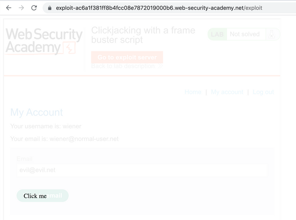 PortSwigger's "Clickjacking with a frame buster script" Walkthrough
